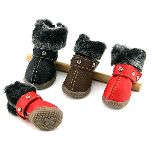 Hdwk&Hped Warm Dog Snow Boots Waterproof PU Small Dog Boots Anti-Slip Pet Shoes Paw Protector for Winter 2 Styles #1-#5 (Rhinestone Style - red, #1)