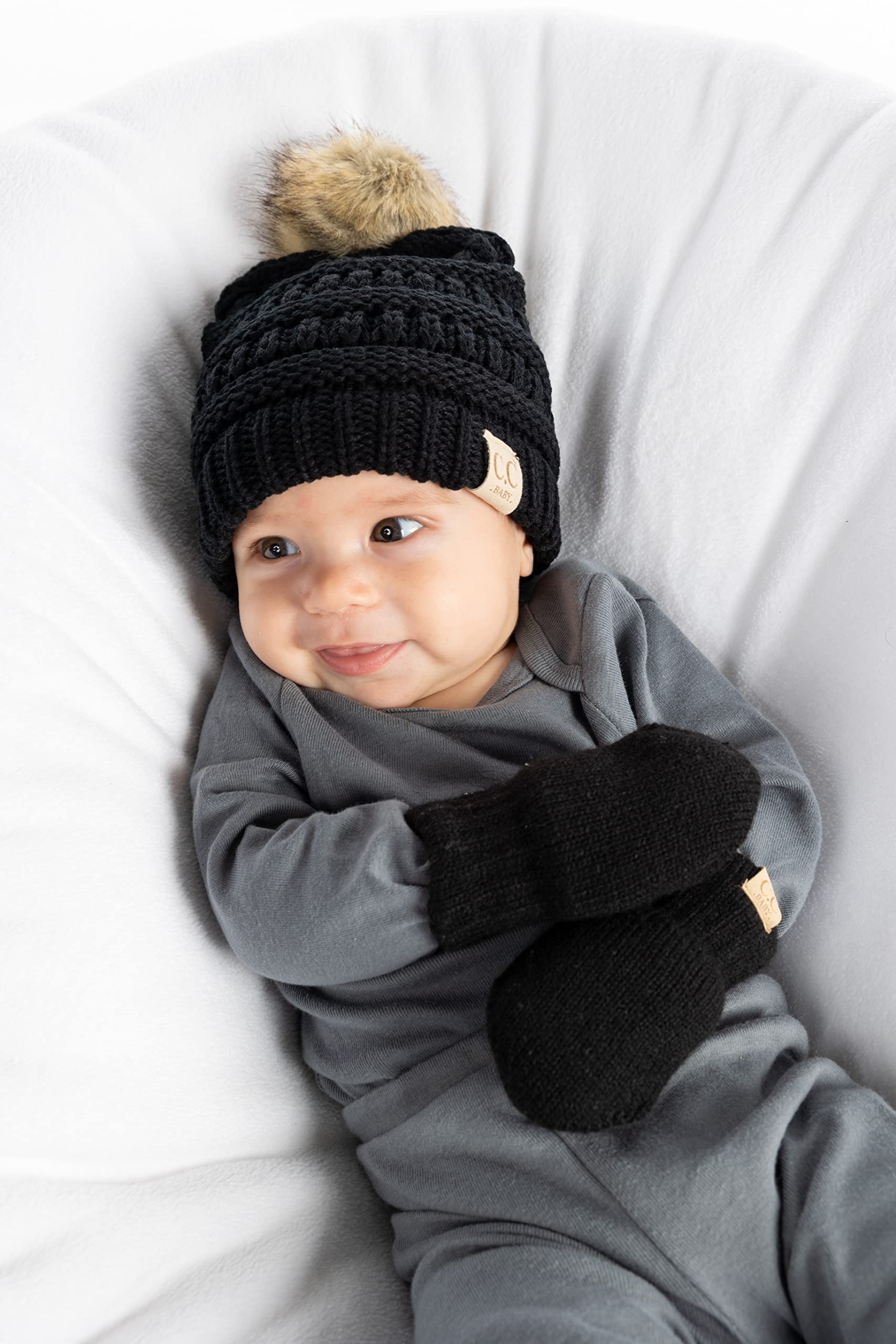 Funky Junque Infant Winter Hat and Mitten Set Newborn Pom Pom Beanie with Fleece Lined Mittens for Baby Boys and Girls (0-9 Mo), Black