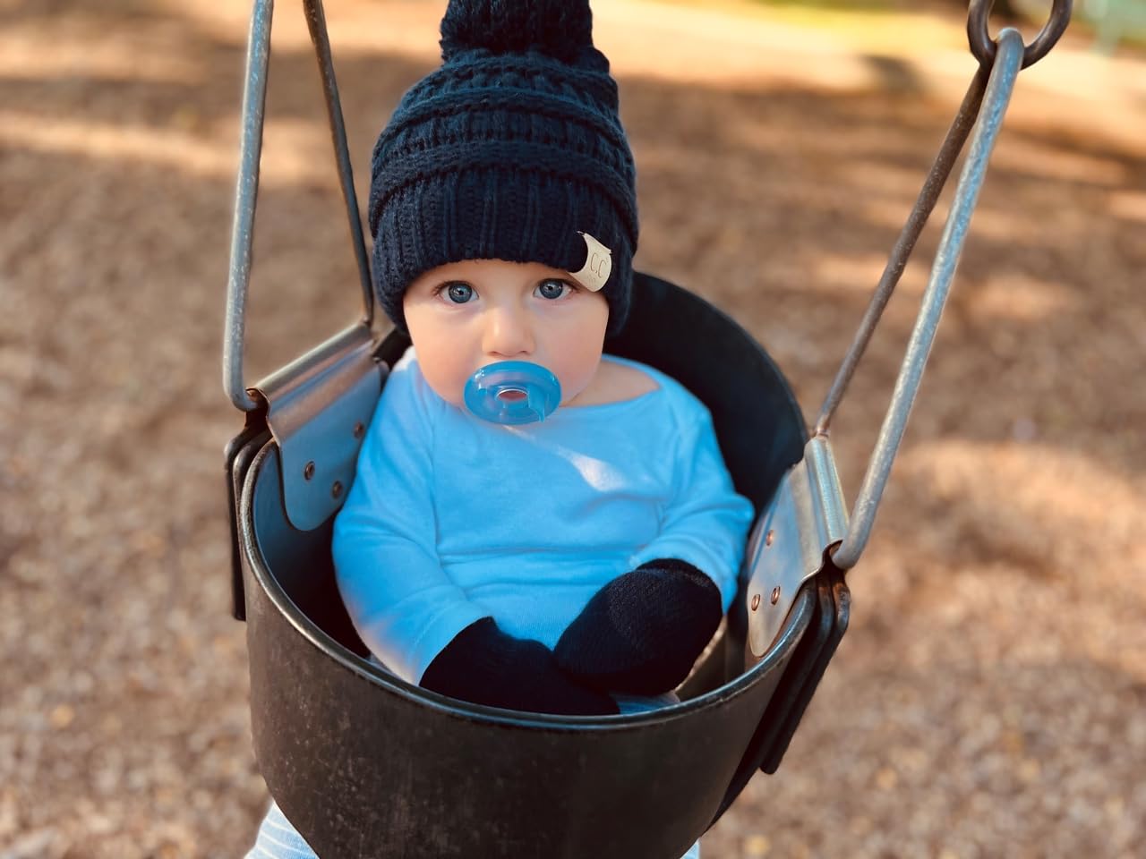 Funky Junque Infant Winter Hat and Mitten Set Newborn Pom Pom Beanie with Fleece Lined Mittens for Baby Boys and Girls (0-9 Mo), Black