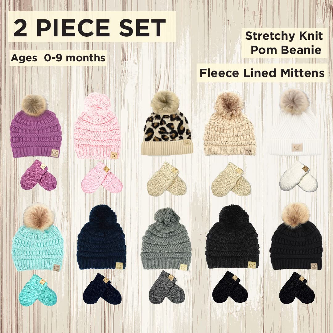 Funky Junque Infant Winter Hat and Mitten Set Newborn Pom Pom Beanie with Fleece Lined Mittens for Baby Boys and Girls (0-9 Mo), Black