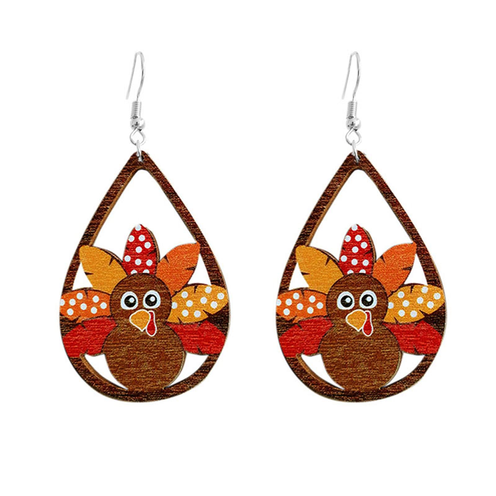 coadipress Cute Thanksgiving Turkey Pumpkin Maple Leaf Dangle Earrings for Women Lightweight Holiday Dangle Earrings Thanksgiving Fall Wooden Earrings (Turkey B)