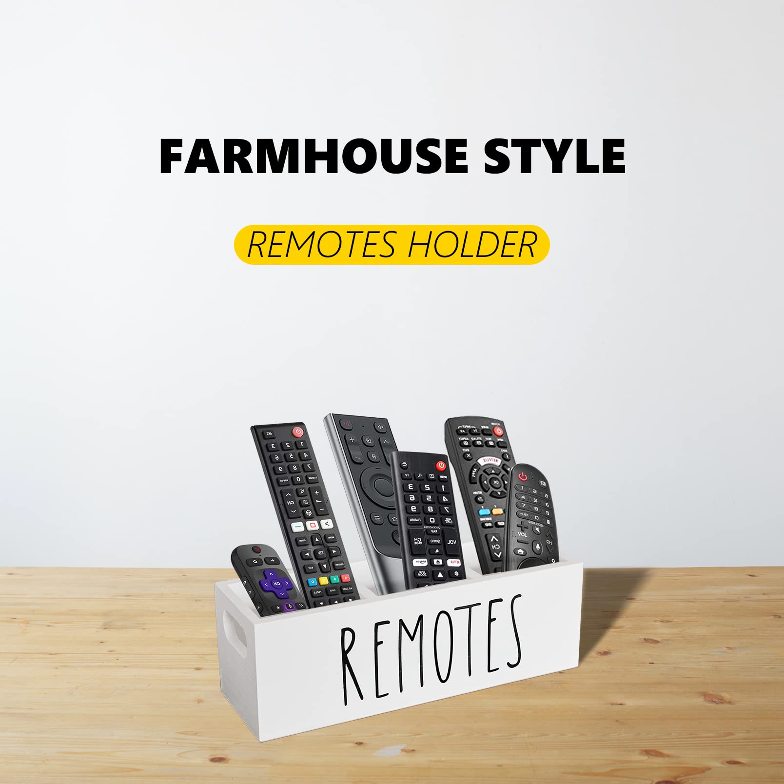 Remote Control Holder, Farmhouse Remote Storage Caddy, Bedside TV Controller Box, Rustic Wood Media Organizer Tray for Home Bedroom Table (White)