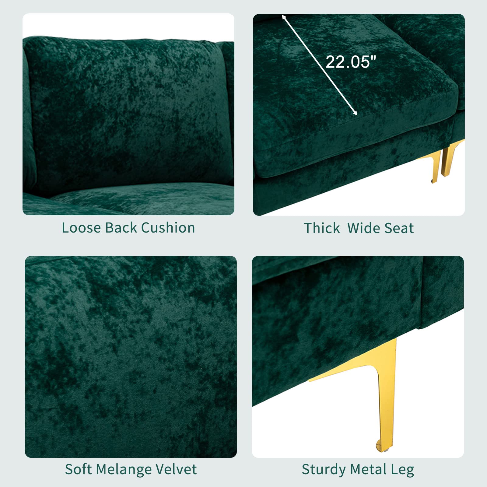 KIVENJAJA U-Shaped Sectional Sofa Couch, Modern Velvet L-Shaped Couch Set with Chaise Lounge, Ottoman and Pillows for Living Room Office Apartment, 114 inches (Emerald Green)