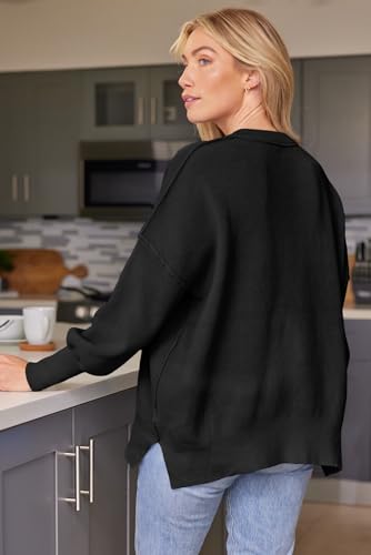 LILLUSORY Women's Oversized Batwing Sweaters 2024 Fall Outfits Crewneck Ribbed Knit Side Slit Trendy Pullover Tops Black XL