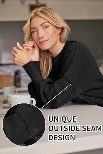 LILLUSORY Women's Oversized Batwing Sweaters 2024 Fall Outfits Crewneck Ribbed Knit Side Slit Trendy Pullover Tops Black XL