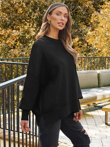 LILLUSORY Women's Oversized Batwing Sweaters 2024 Fall Outfits Crewneck Ribbed Knit Side Slit Trendy Pullover Tops Black XL