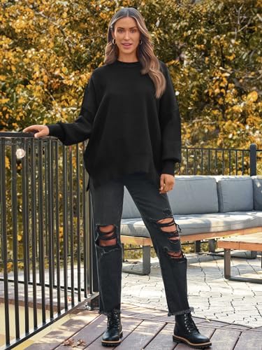 LILLUSORY Women's Oversized Batwing Sweaters 2024 Fall Outfits Crewneck Ribbed Knit Side Slit Trendy Pullover Tops Black XL