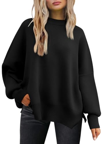 LILLUSORY Women's Oversized Batwing Sweaters 2024 Fall Outfits Crewneck Ribbed Knit Side Slit Trendy Pullover Tops Black XL