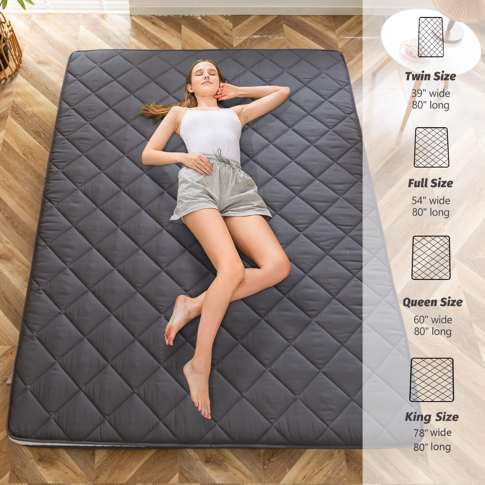 MAXYOYO Japanese Floor Futon Mattress Full Size, Floor Couch for Adults Roll Up Folding Floor Bed Portable Mattress Foam Mattress Queen, Diamond Patterned Japanese Futon Bed, Dark Grey
