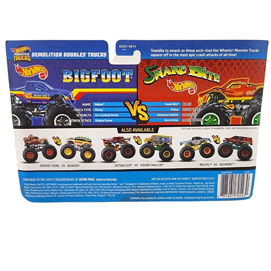 Hot Wheels Monster Trucks Bigfoot Vs Snake Bite, Demolition Doubles