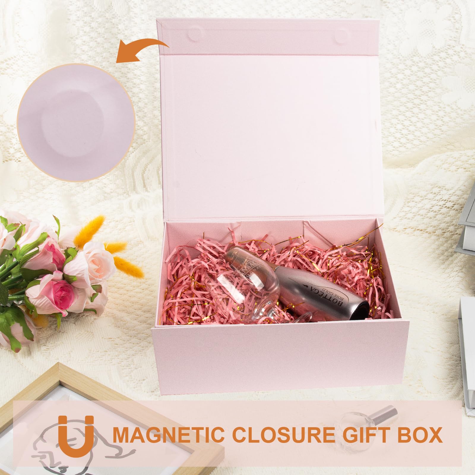 Pink Gift Boxes with Lids 5 Pack, 9x7x4 Inches Small Gift Box with Ribbon, Collapsible Gift Boxes with Magnetic Closure for Presents, Bridesmaid Proposal Box Contains Gift Card Ribbon Tag