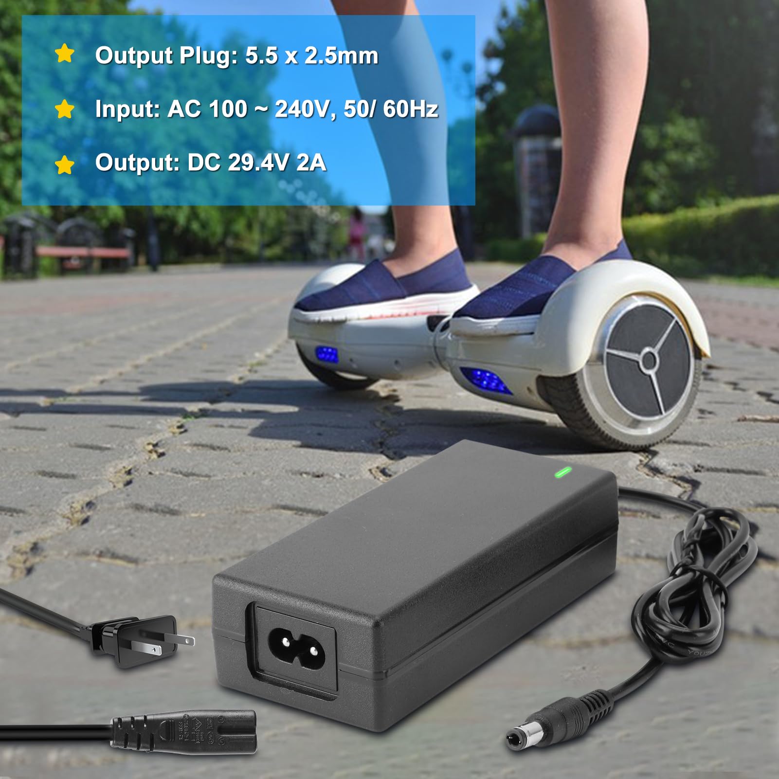 29.4V 2A Adapter, Charger, Charging Charger Supply Adapter Cable for Hoverboard Electric Bike Skateboard (US Plug 100-240V)