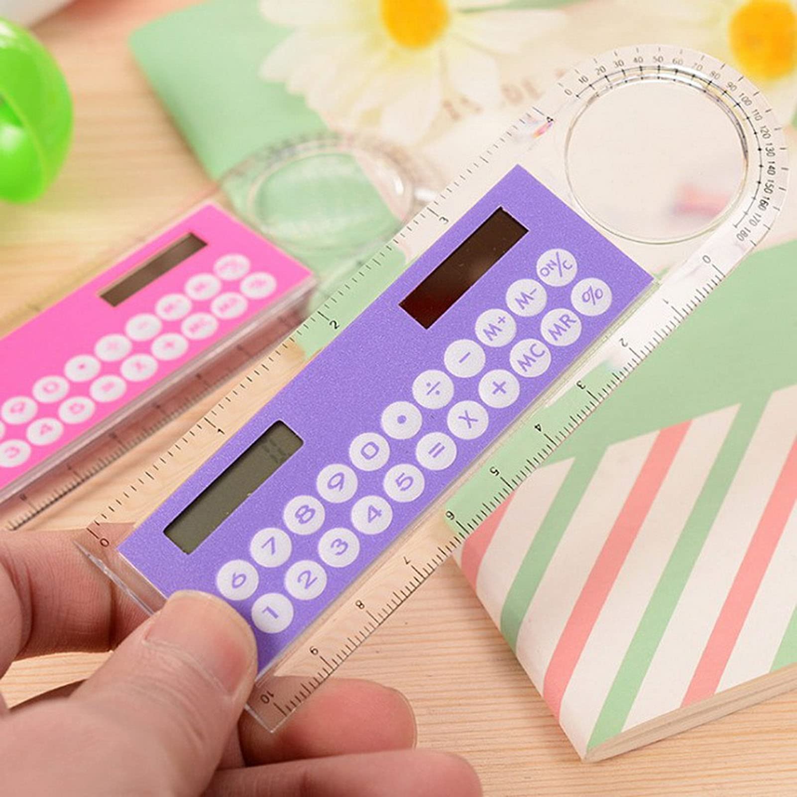 Mini Calculator, Portable Pocket Calculator Handheld Basic Calculator 3 in 1 Solar Powered Calculator Ruler Magnifier for Students Kids School Home Office, Back to School Gift Christmas Birthday Gift