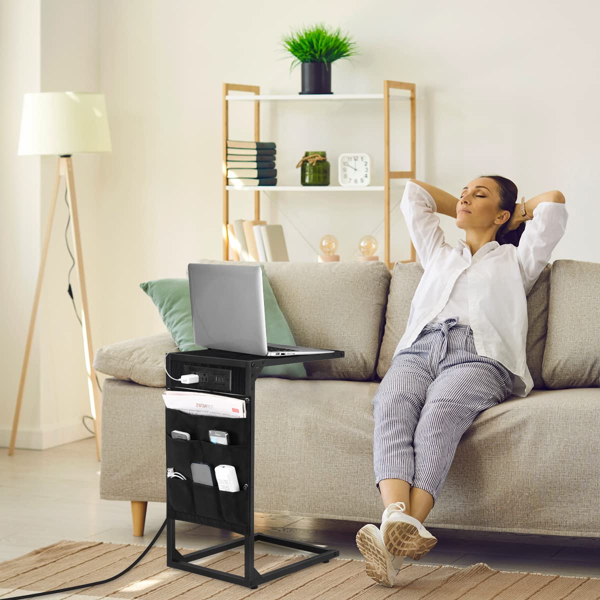 Set of 2 C Shaped End Table with Charging Station, Snack Side Table, C Tables for Couch, Couch Tables That Slide Under, for Living Room, Bedroom, Black