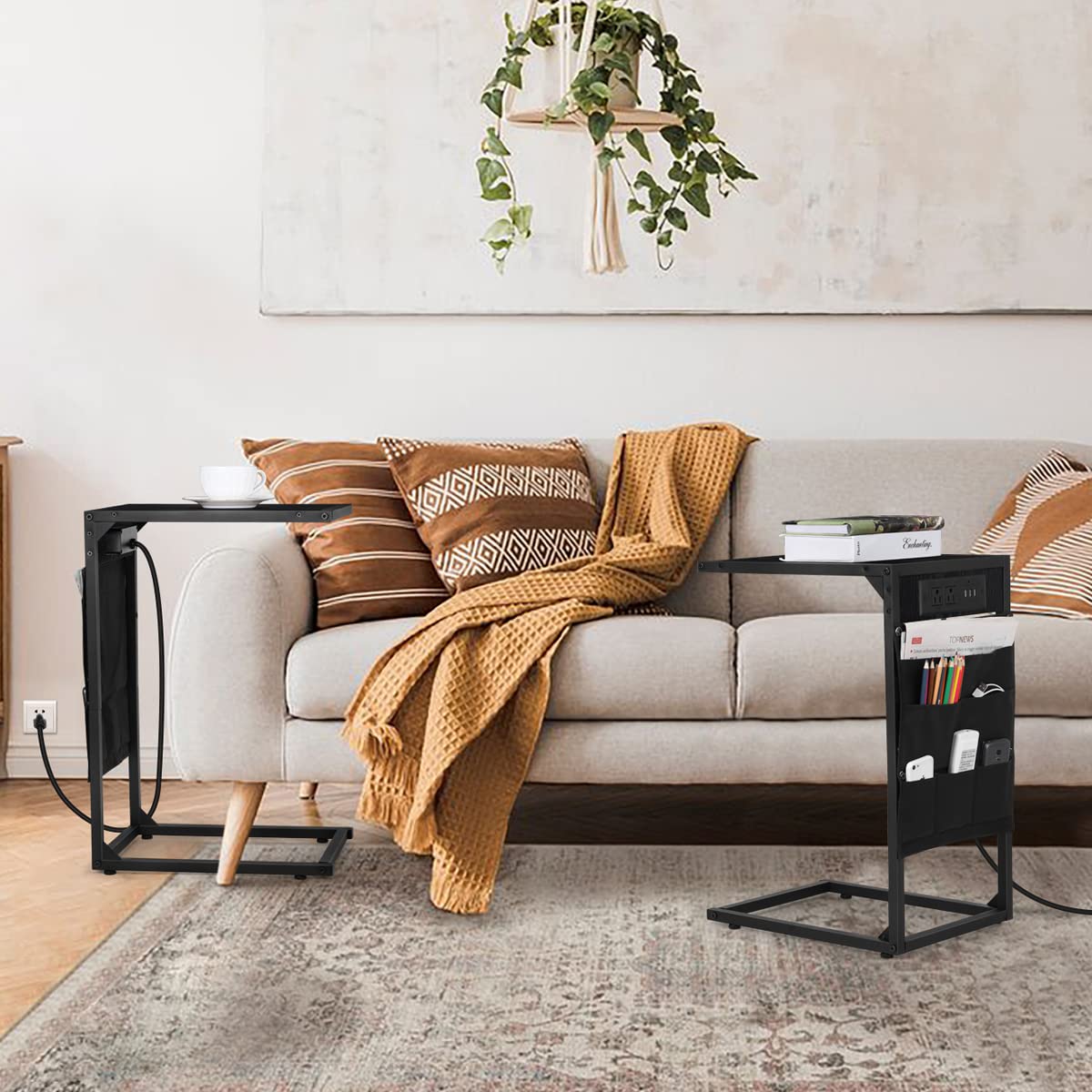 Set of 2 C Shaped End Table with Charging Station, Snack Side Table, C Tables for Couch, Couch Tables That Slide Under, for Living Room, Bedroom, Black