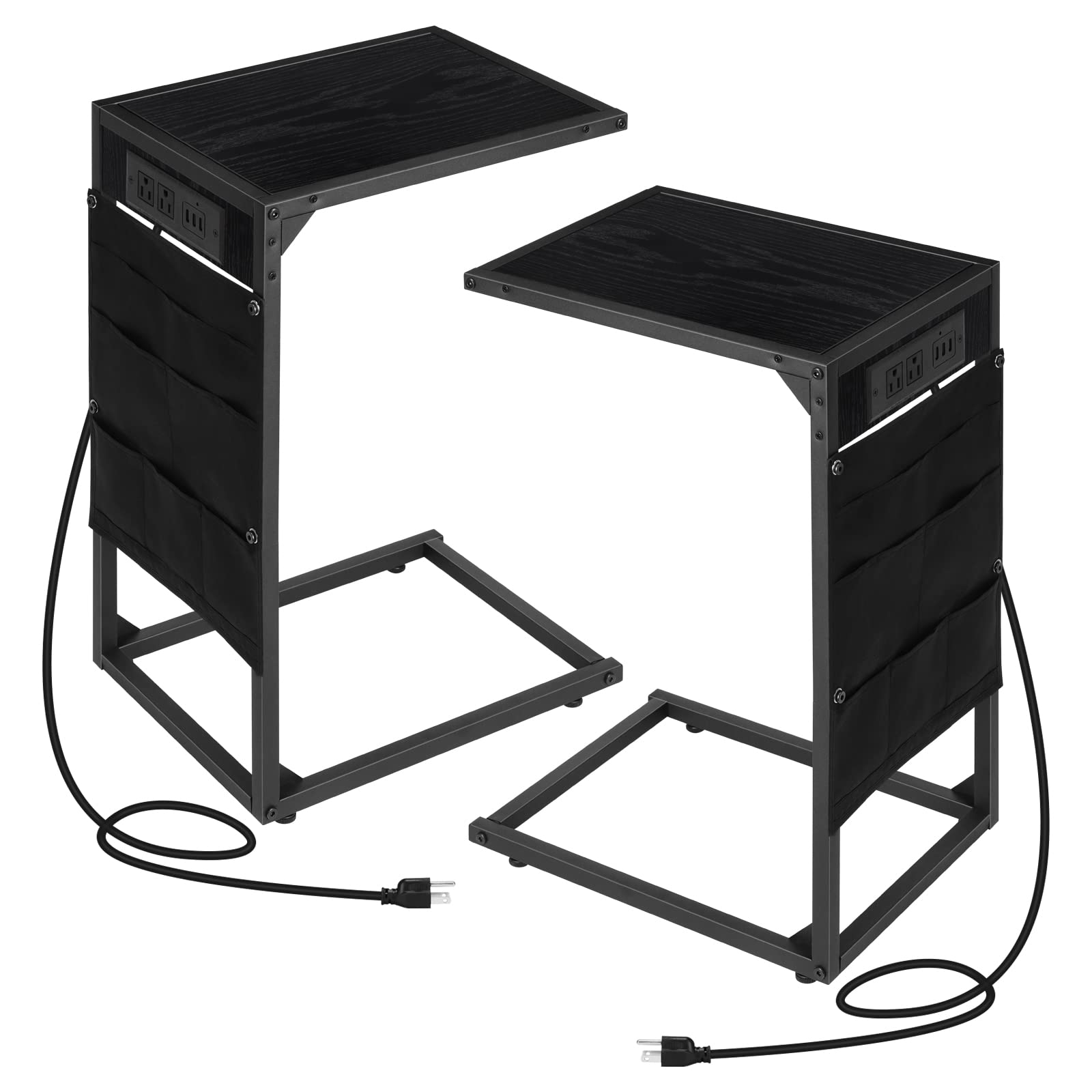 Set of 2 C Shaped End Table with Charging Station, Snack Side Table, C Tables for Couch, Couch Tables That Slide Under, for Living Room, Bedroom, Black