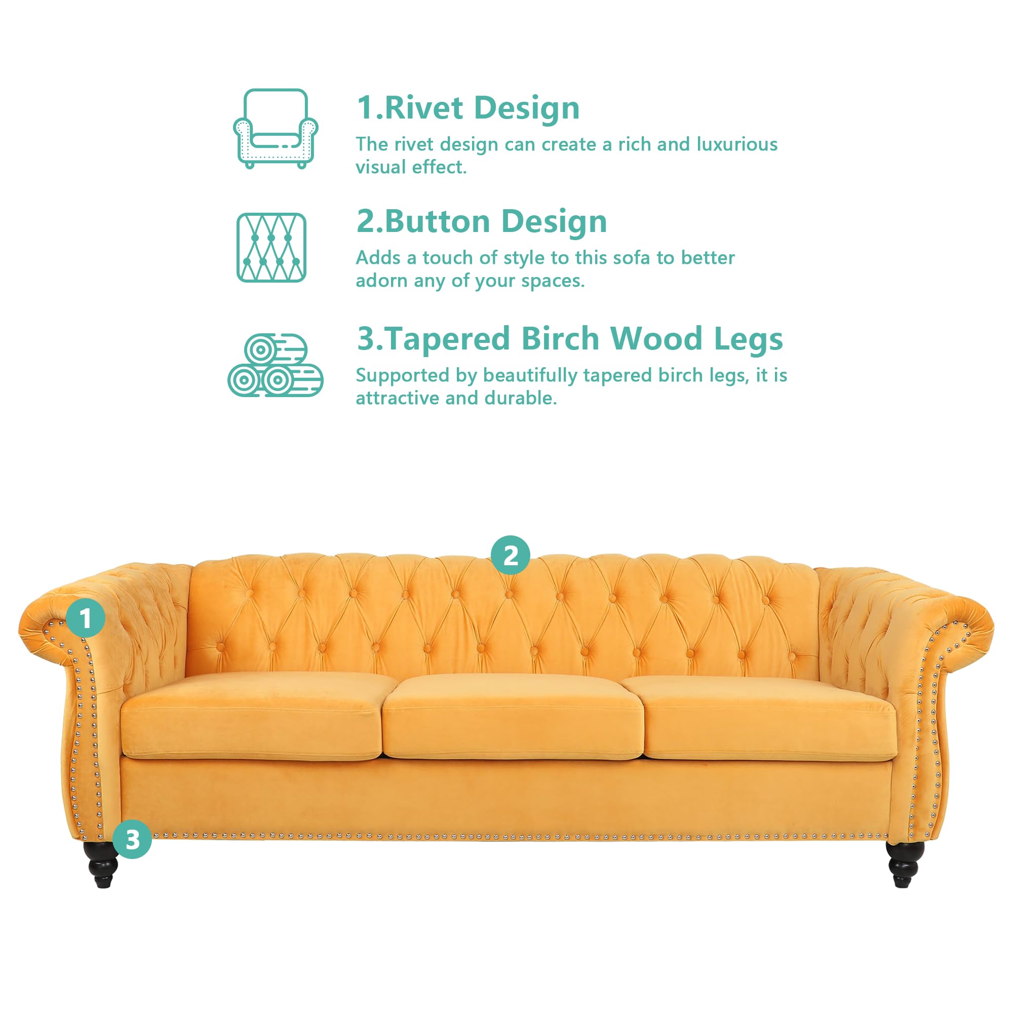 QHITTY Accent Large Sofa, Chesterfield Couch 3 Seater Modern Velvet Couch Upholstered Sofa with Tufted Back for Living Room Furniture (Mango)