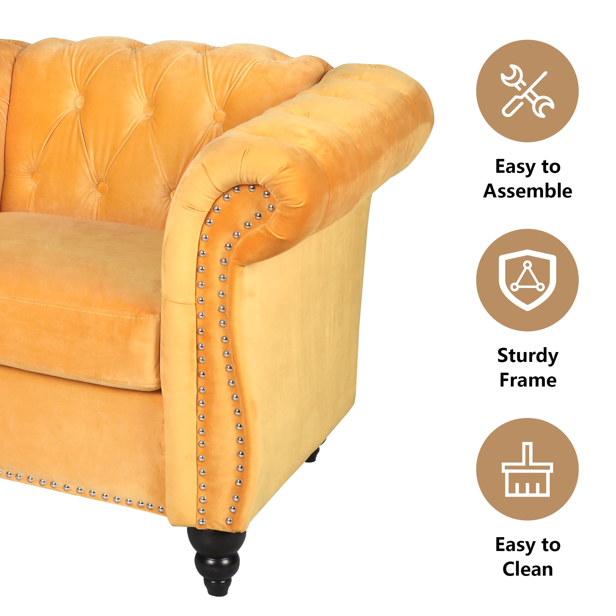 QHITTY Accent Large Sofa, Chesterfield Couch 3 Seater Modern Velvet Couch Upholstered Sofa with Tufted Back for Living Room Furniture (Mango)