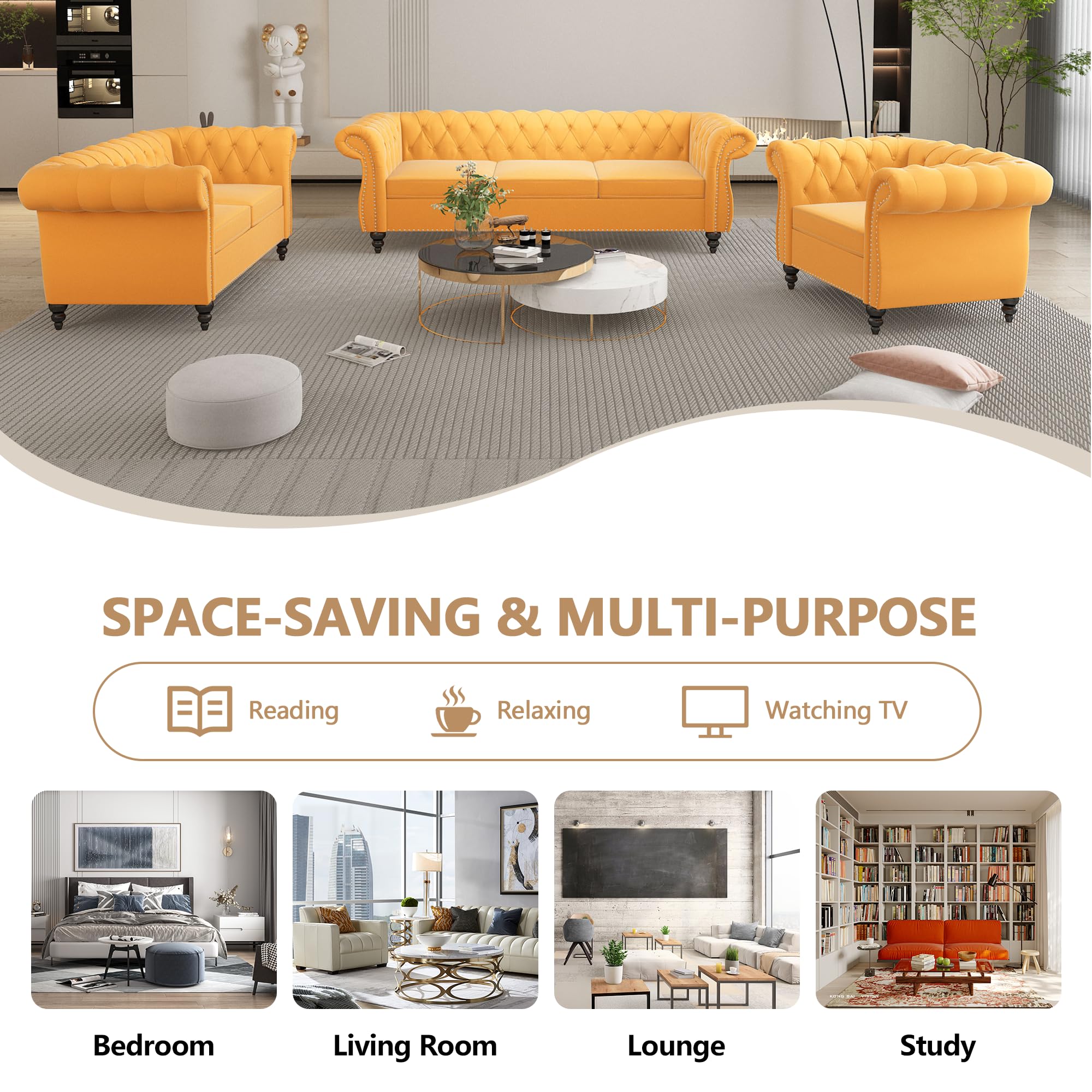 QHITTY Accent Large Sofa, Chesterfield Couch 3 Seater Modern Velvet Couch Upholstered Sofa with Tufted Back for Living Room Furniture (Mango)