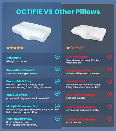 Octifie Adjustable Cervical Pillow for Neck and Shoulder Pain Relief, 5x Support Memory Foam Pillows for Sleeping, Orthopedic Contour Traction Pillow Odorless, Bed Pillow for Side Back Stomach Sleeper