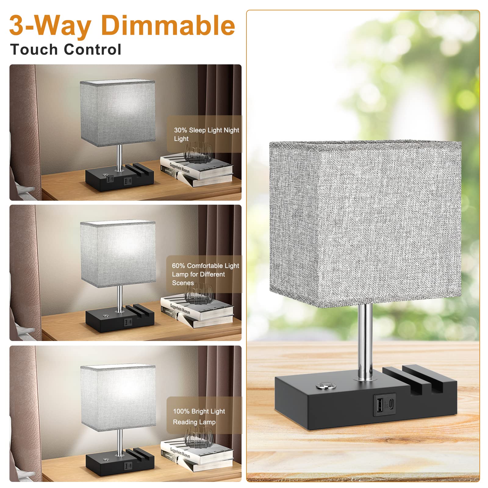 aooshine Touch Lamp with USB C+A Charging Ports-Table Lamp for Bedroom with 3 Levels Brightness(Low/Medium/Hight), 3 Way Dimmable Bedside Nightstand Lamp with 2 Phone Slots (Include Bulb)