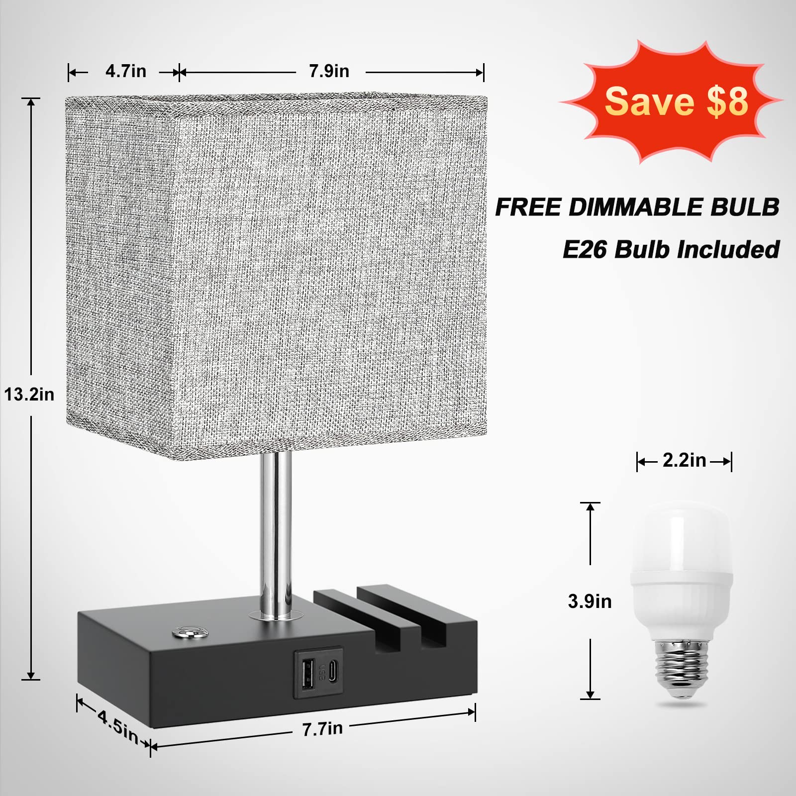 aooshine Touch Lamp with USB C+A Charging Ports-Table Lamp for Bedroom with 3 Levels Brightness(Low/Medium/Hight), 3 Way Dimmable Bedside Nightstand Lamp with 2 Phone Slots (Include Bulb)