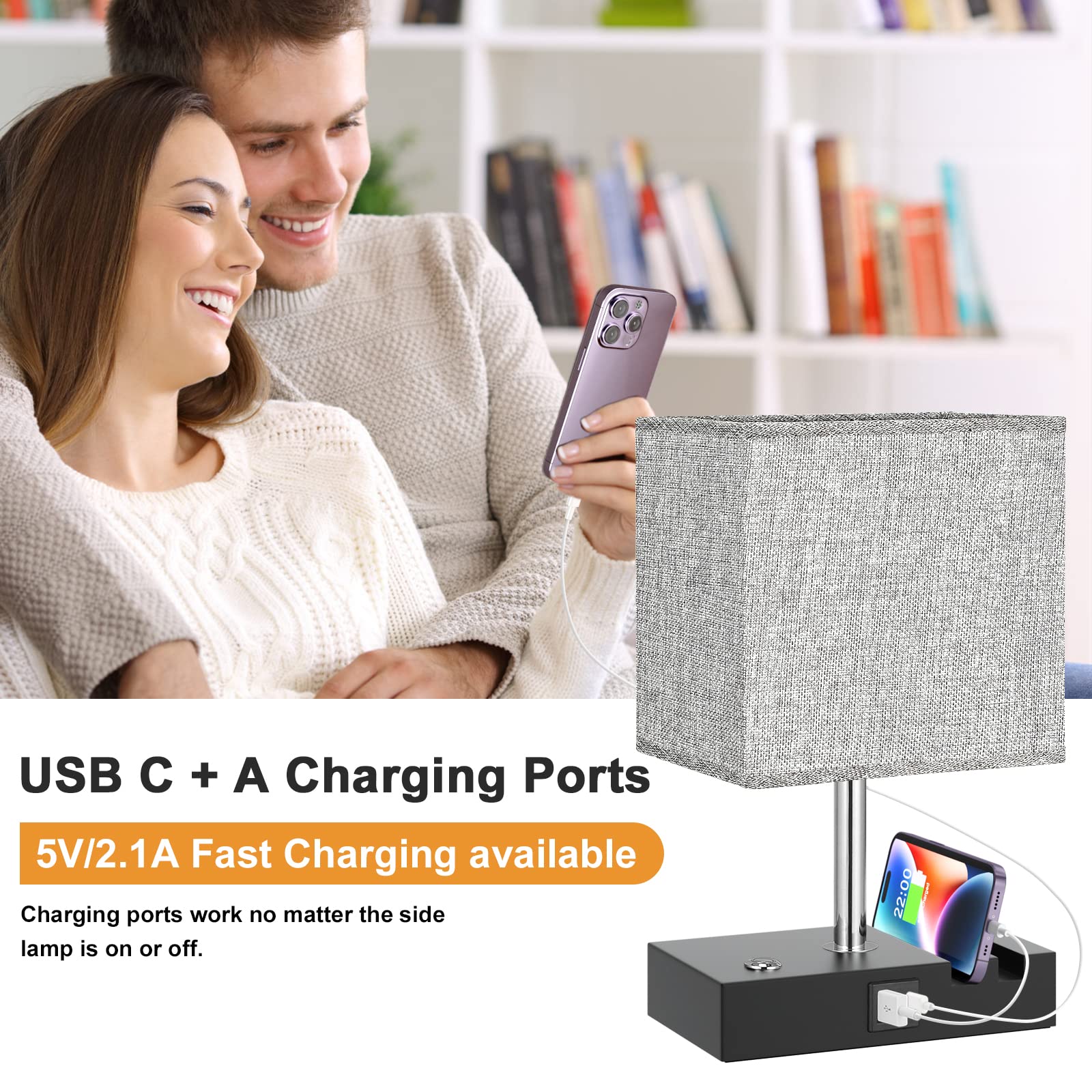 aooshine Touch Lamp with USB C+A Charging Ports-Table Lamp for Bedroom with 3 Levels Brightness(Low/Medium/Hight), 3 Way Dimmable Bedside Nightstand Lamp with 2 Phone Slots (Include Bulb)
