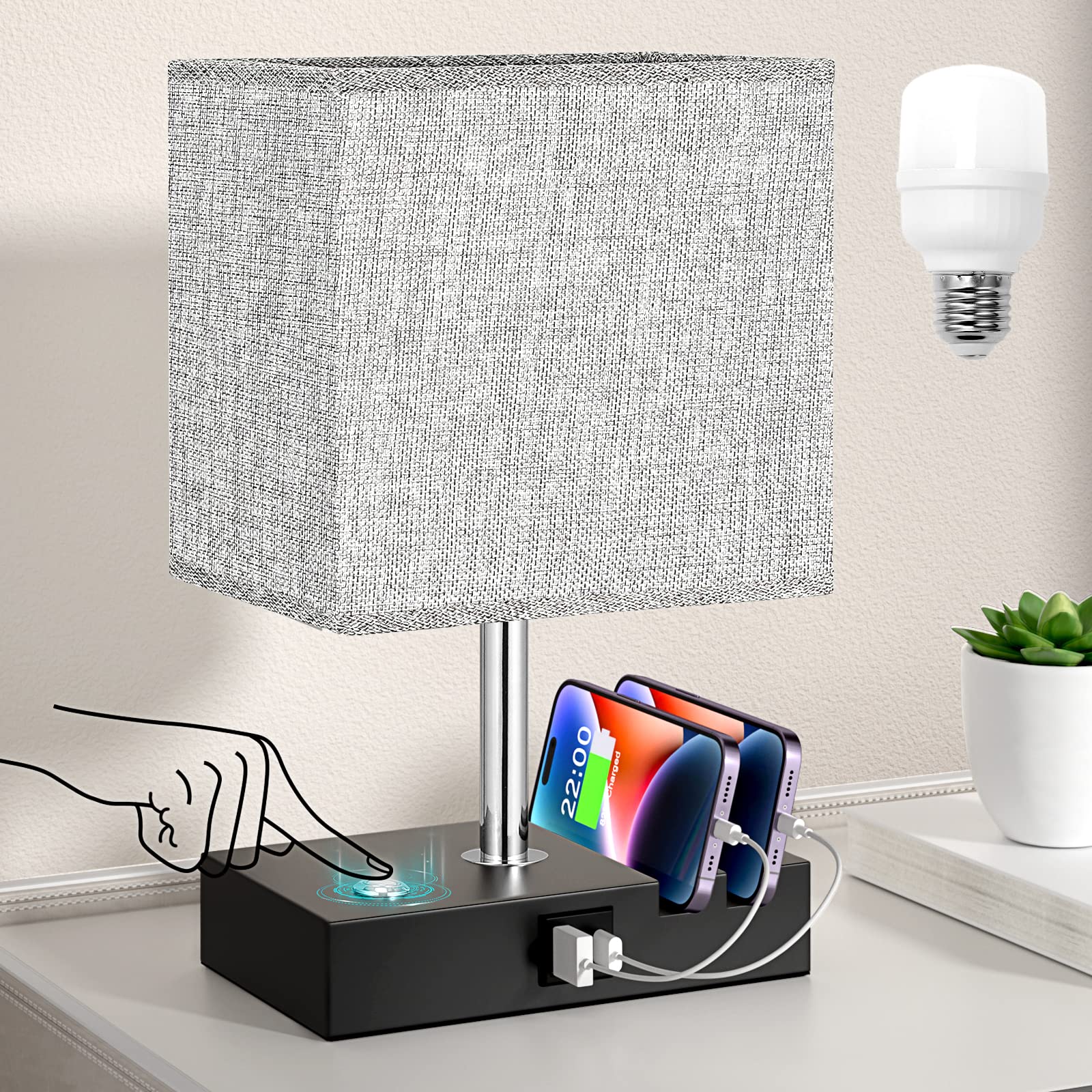 aooshine Touch Lamp with USB C+A Charging Ports-Table Lamp for Bedroom with 3 Levels Brightness(Low/Medium/Hight), 3 Way Dimmable Bedside Nightstand Lamp with 2 Phone Slots (Include Bulb)