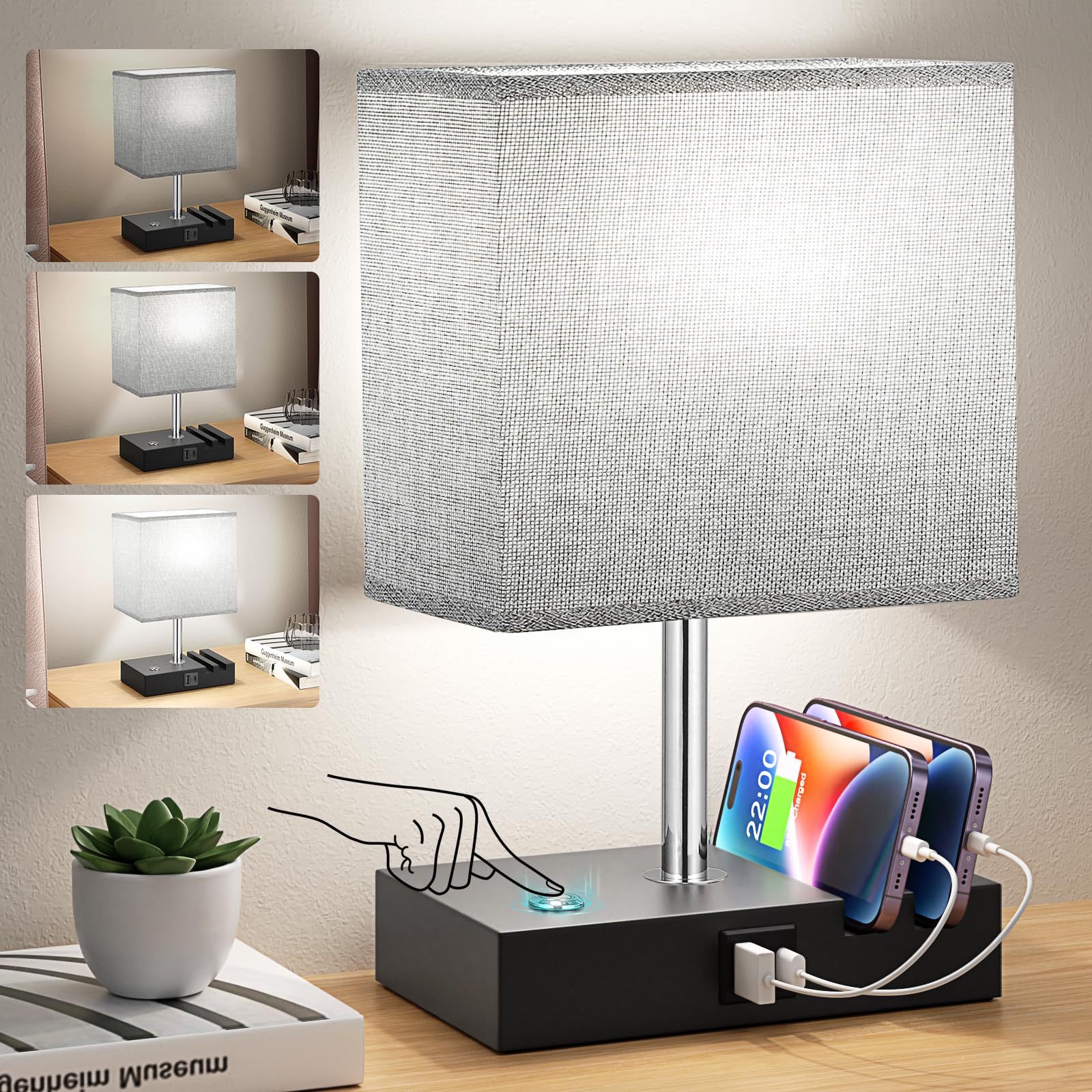 aooshine Touch Lamp with USB C+A Charging Ports-Table Lamp for Bedroom with 3 Levels Brightness(Low/Medium/Hight), 3 Way Dimmable Bedside Nightstand Lamp with 2 Phone Slots (Include Bulb)