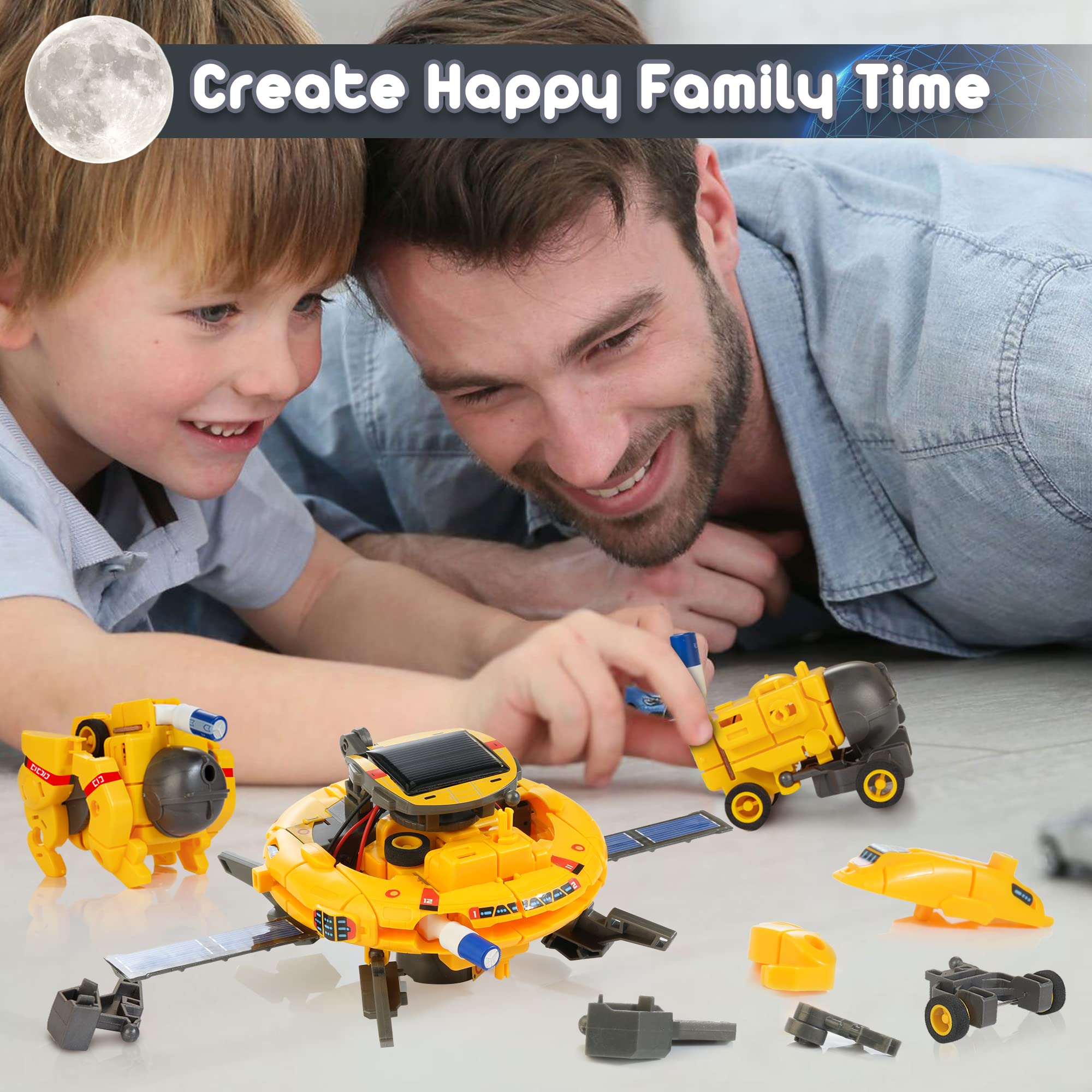 Solar Robot Toys 6 in 1 STEM Learning Kits Educational Space Moon Exploration Fleet Building Experiment Toys DIY Solar Power Science Gift for Kids Aged 8-12 (Yellow)