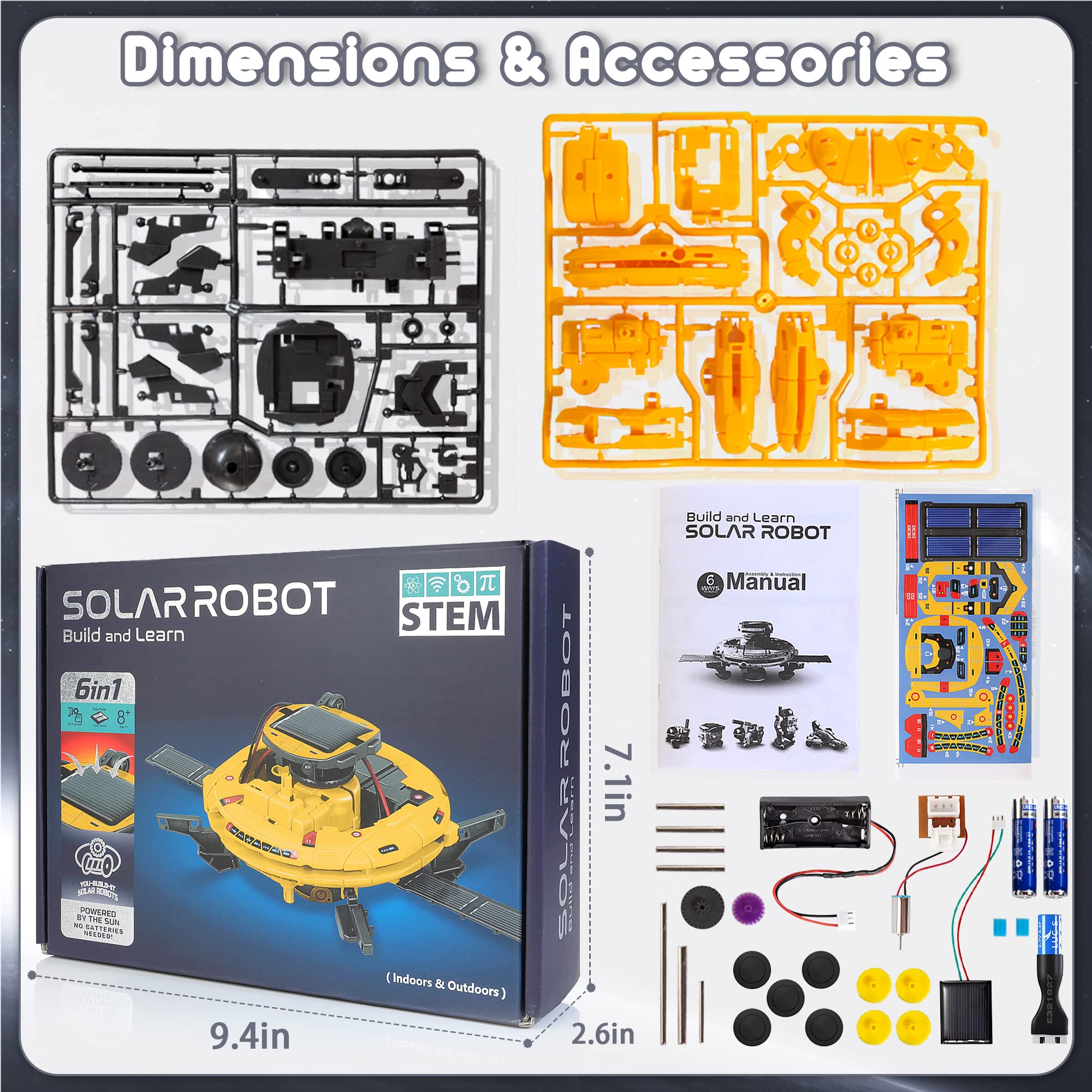 Solar Robot Toys 6 in 1 STEM Learning Kits Educational Space Moon Exploration Fleet Building Experiment Toys DIY Solar Power Science Gift for Kids Aged 8-12 (Yellow)