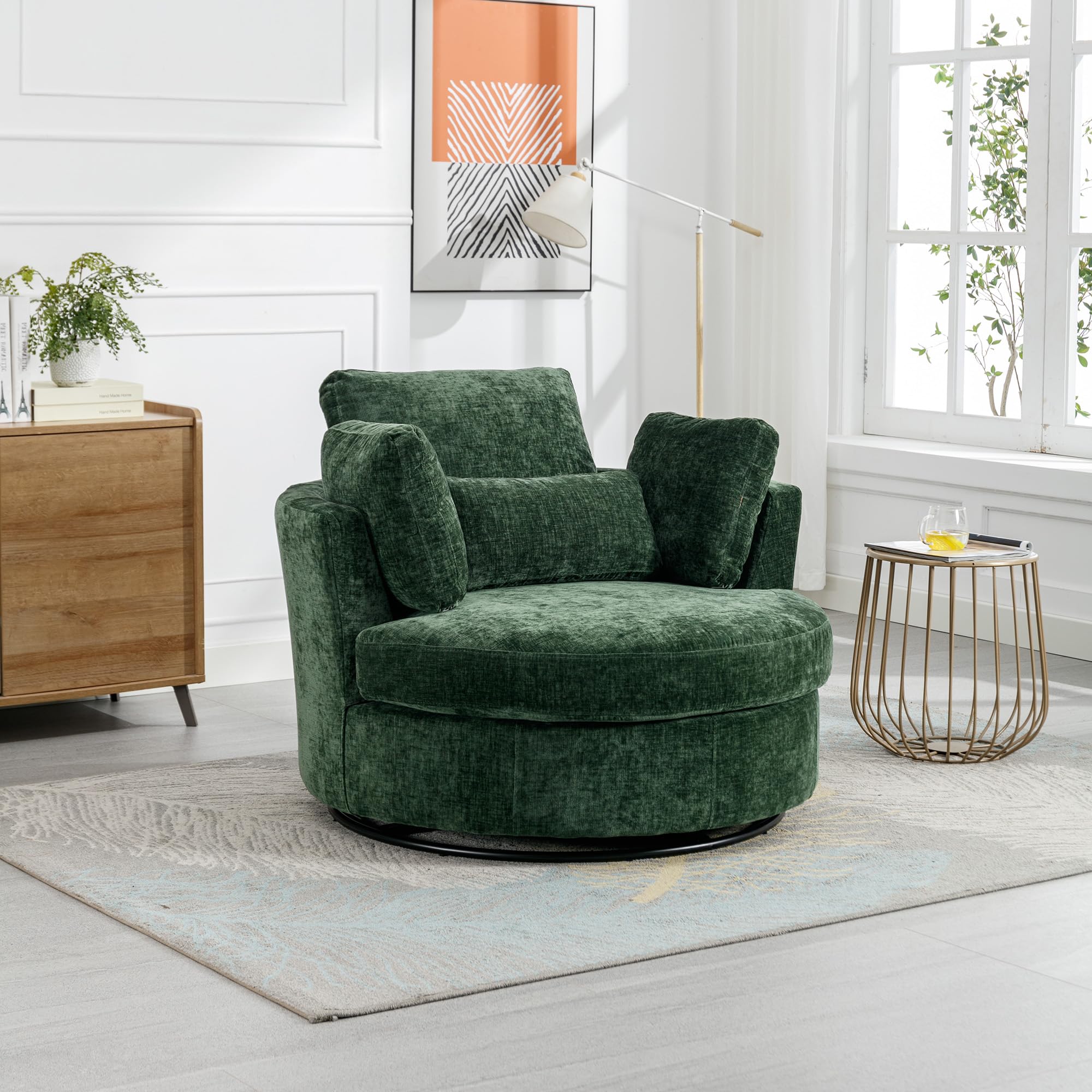 42.2" W Chenille Velvet Loveseat Sofa Swivel Barrel Chair for Bedroom with 4 Pillows, Mid Century Modern Accent Chair for Living Room, Comfy Reading Chair for Office/Library/Home, Green