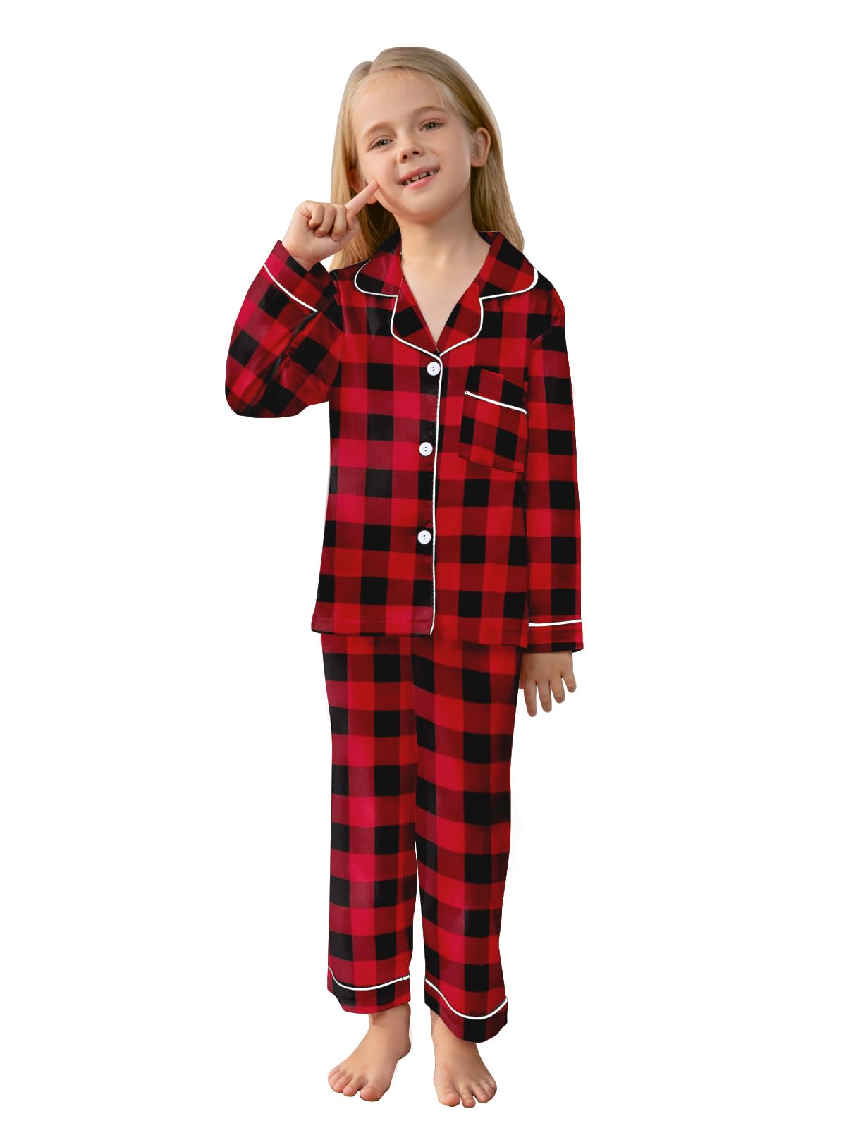 Schbbbta Christmas Family Pajamas Matching Sets Silk Satin Long Sleeve Pj Set Sleepwear, Red Black, 11-12 Years = Tag 160