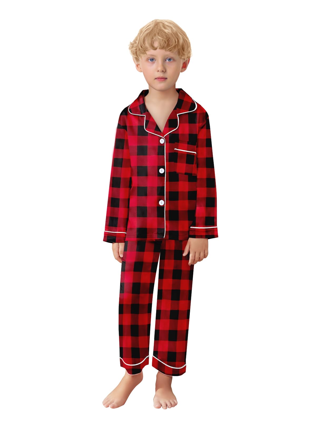 Schbbbta Christmas Family Pajamas Matching Sets Silk Satin Long Sleeve Pj Set Sleepwear, Red Black, 11-12 Years = Tag 160