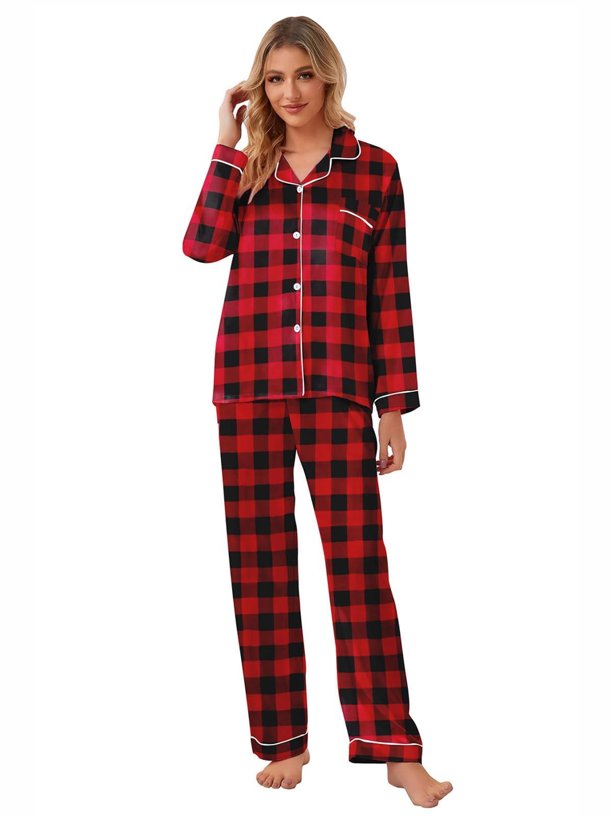 Schbbbta Christmas Family Pajamas Matching Sets Silk Satin Long Sleeve Pj Set Sleepwear, Red Black, 11-12 Years = Tag 160