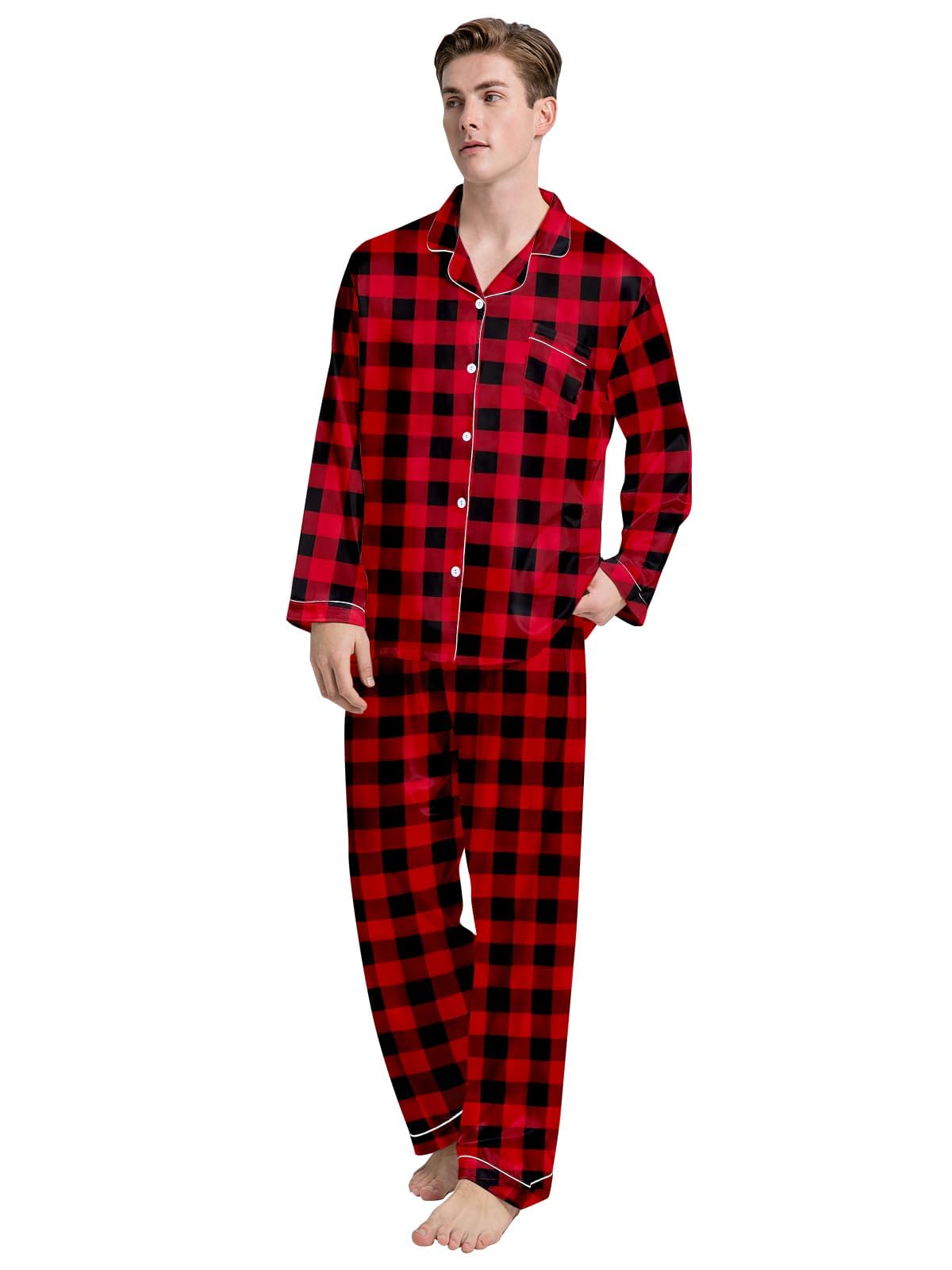 Schbbbta Christmas Family Pajamas Matching Sets Silk Satin Long Sleeve Pj Set Sleepwear, Red Black, 11-12 Years = Tag 160
