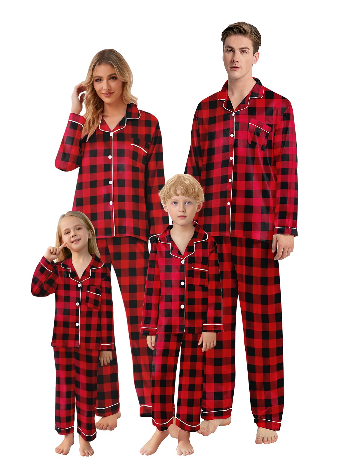 Schbbbta Christmas Family Pajamas Matching Sets Silk Satin Long Sleeve Pj Set Sleepwear, Red Black, 11-12 Years = Tag 160