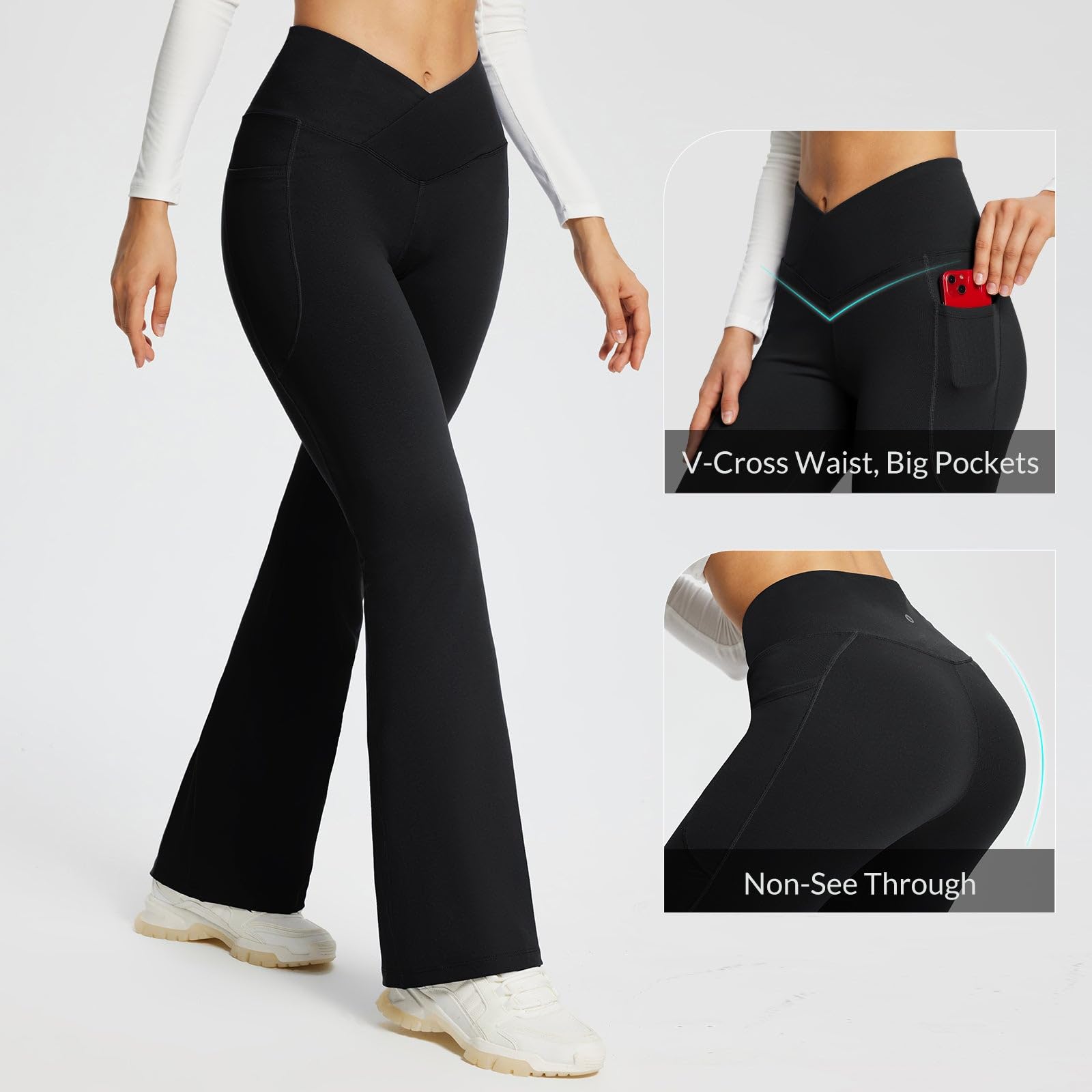 BALEAF Women's Flare Leggings with Pockets High Waisted Yoga Pants Casual Workout Wide Leg Pants Black 29" M