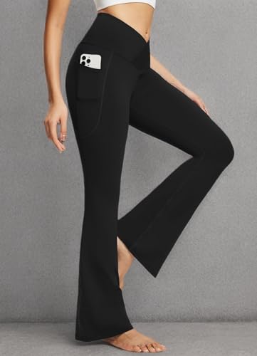 BALEAF Women's Flare Leggings with Pockets High Waisted Yoga Pants Casual Workout Wide Leg Pants Black 29" M
