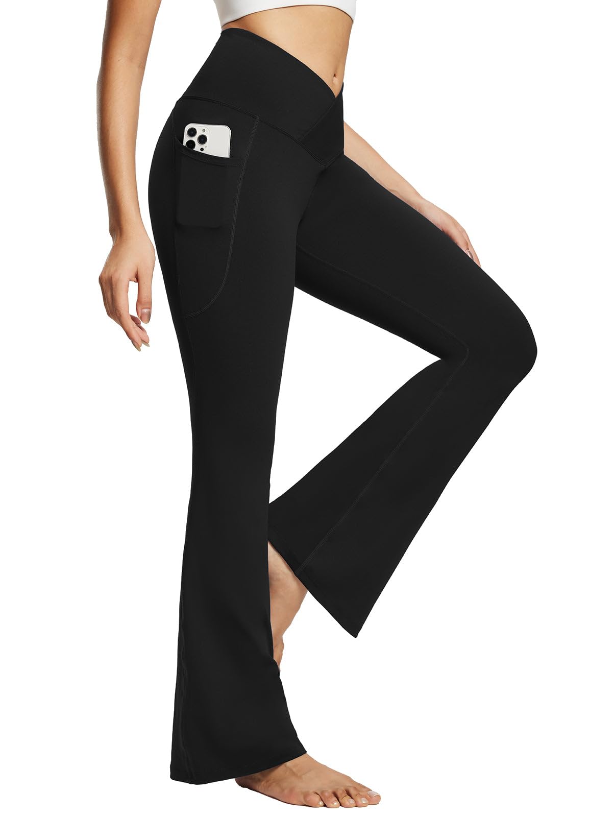 BALEAF Women's Flare Leggings with Pockets High Waisted Yoga Pants Casual Workout Wide Leg Pants Black 29" M