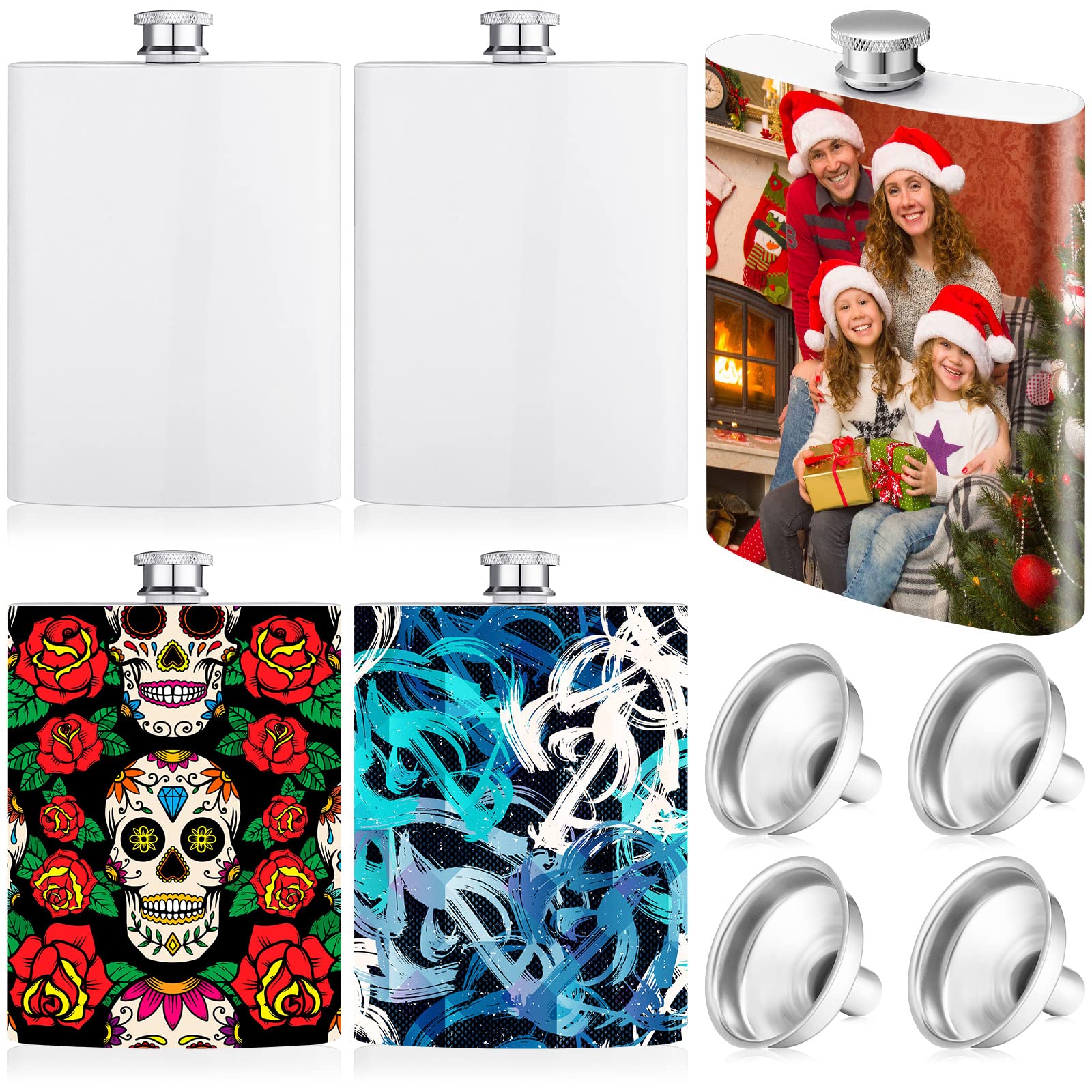 Remerry 4 Pcs Sublimation Flasks Blank 8 oz Hip Flasks for Liquor with Metal Cap and Leakproof Funnel Stainless Steel Flasks for Men DIY Craft Groomsmen Gifts Flask Containers for Christmas Wedding