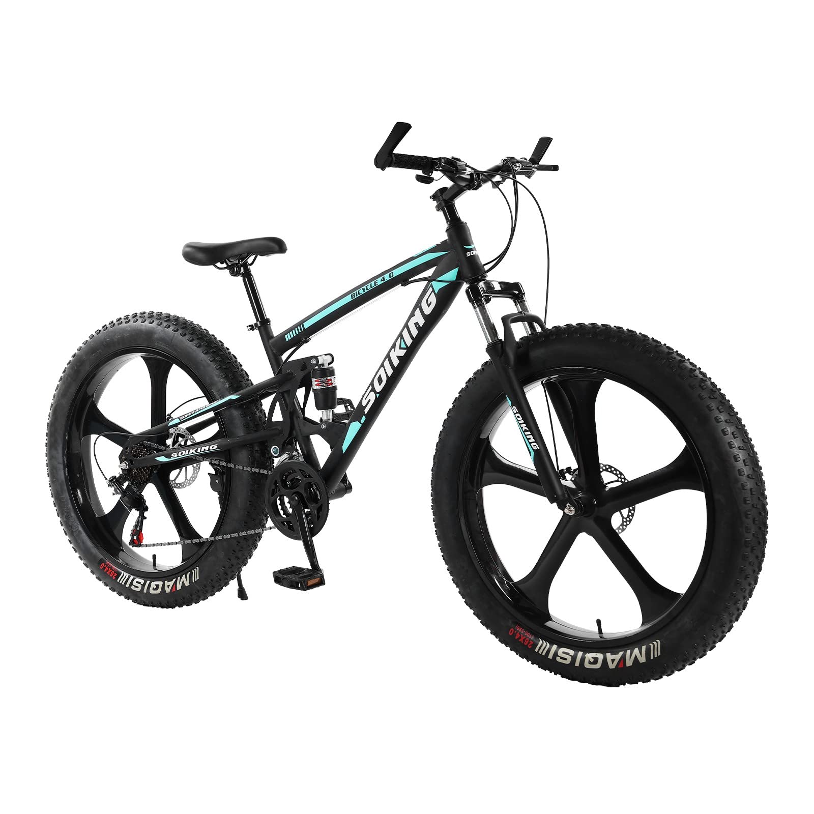 Fat Tire Mountain Bike, 26'' 21 Speed Outdoor Snow Beach Hybrid MTB Racing Bikes for Adult Women Men, Comfort Complete Cruiser Bicycle, Lightweight City Commuter Road Cycling, Dual Disc Brakes (I)