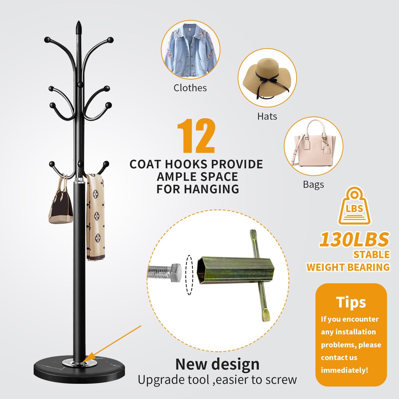 Tenkovic Metal Coat Rack Stand with Natural Marble Base, Coat Rack Freestanding, Sturdy Hall Tree with 12 Hooks for Hanging Clothes, Bags, Scarfs, Coat Hanger for Entryway, Hallway (Black)