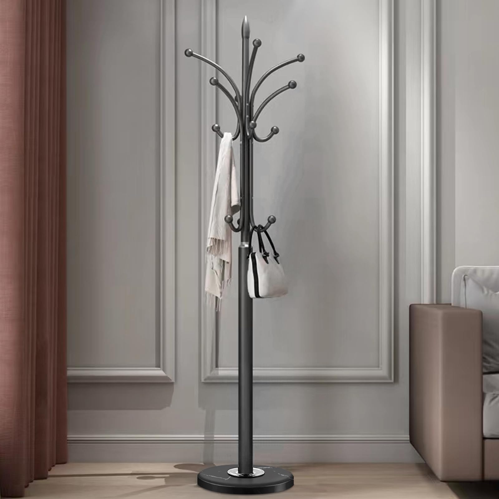 Tenkovic Metal Coat Rack Stand with Natural Marble Base, Coat Rack Freestanding, Sturdy Hall Tree with 12 Hooks for Hanging Clothes, Bags, Scarfs, Coat Hanger for Entryway, Hallway (Black)