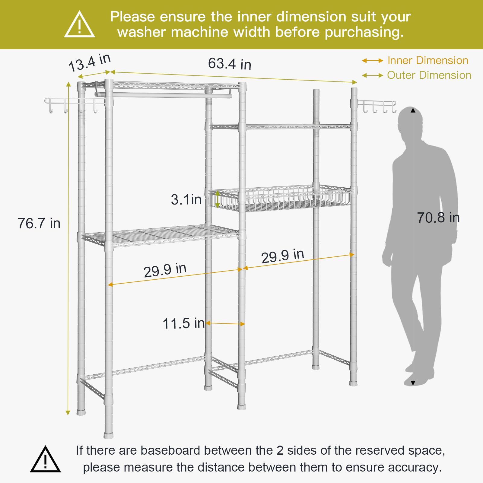 Ulif Clothes Drying Rack, Over Washer and Dryer Laundry Room Storage Shelf, Bathroom Towel Rack Space Saver with Adjustable Shelves, Wire Basket, and Rotatable Hooks, 63.4"L x 13.4"D x 76.7"H, White