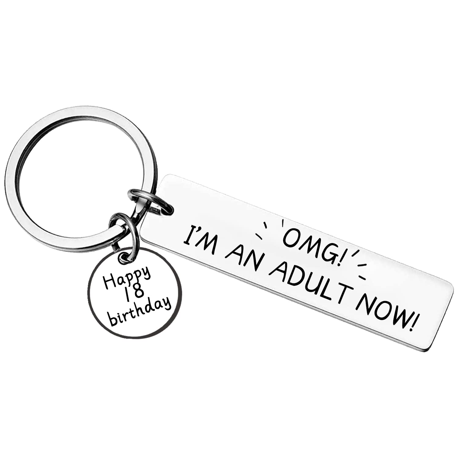 Lumengqi 18th Birthday Keyring, Stainless Steel OMG! I'm An Adult Now! Keychain, Bar Mitzvah Present Keychain, 18th Birthday Gift Key Ring for Women Men Girls Boys