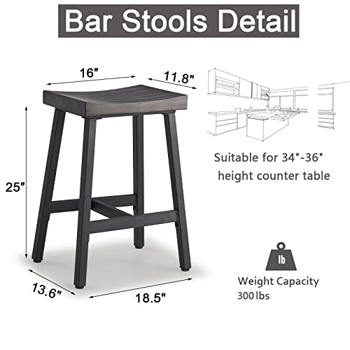 OUllUO Black Gray Bar Stools Set of 2, Backless Saddle Barstools, 25" Counter Height Bar Stools, Gray Solid Wood Counter Stools with Metal Frame for Kitchen Island, 521P-BGWD
