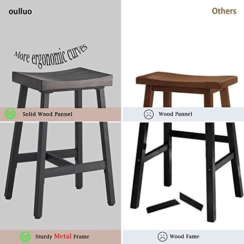 OUllUO Black Gray Bar Stools Set of 2, Backless Saddle Barstools, 25" Counter Height Bar Stools, Gray Solid Wood Counter Stools with Metal Frame for Kitchen Island, 521P-BGWD
