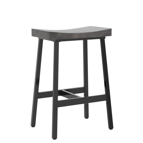 OUllUO Black Gray Bar Stools Set of 2, Backless Saddle Barstools, 25" Counter Height Bar Stools, Gray Solid Wood Counter Stools with Metal Frame for Kitchen Island, 521P-BGWD