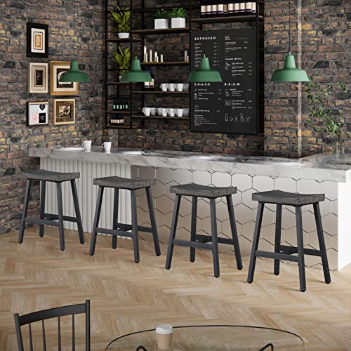 OUllUO Black Gray Bar Stools Set of 2, Backless Saddle Barstools, 25" Counter Height Bar Stools, Gray Solid Wood Counter Stools with Metal Frame for Kitchen Island, 521P-BGWD